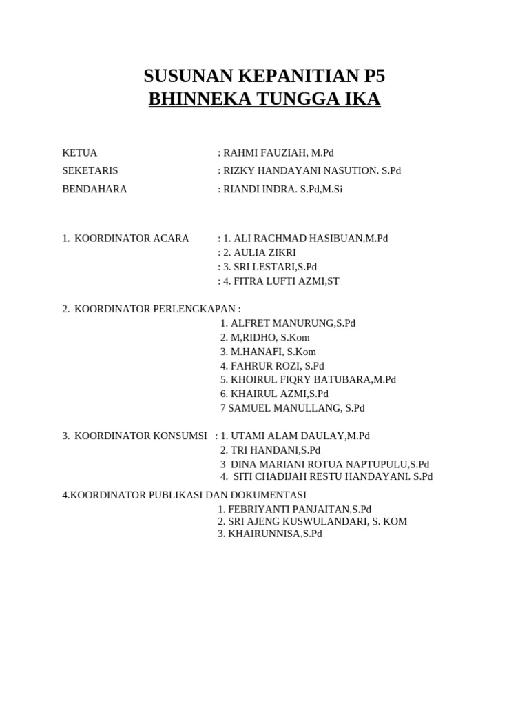 Susunan Kepanitian P5 Bhinneka Tunggal Ika | PDF