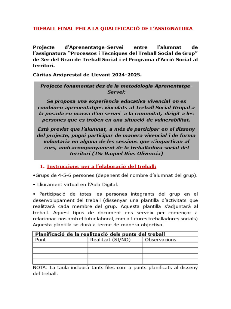 Guió Treball Final Aprenentatge I Servei | PDF