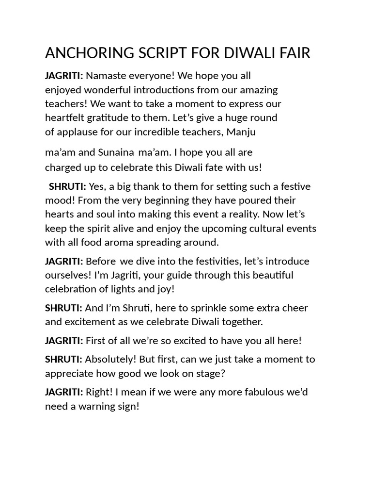 Anchoring Script For Diwali Fair | PDF