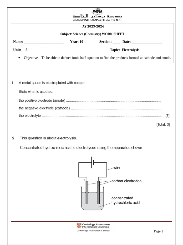 Chemistry Worksheet: Electrolysis Guide | PDF