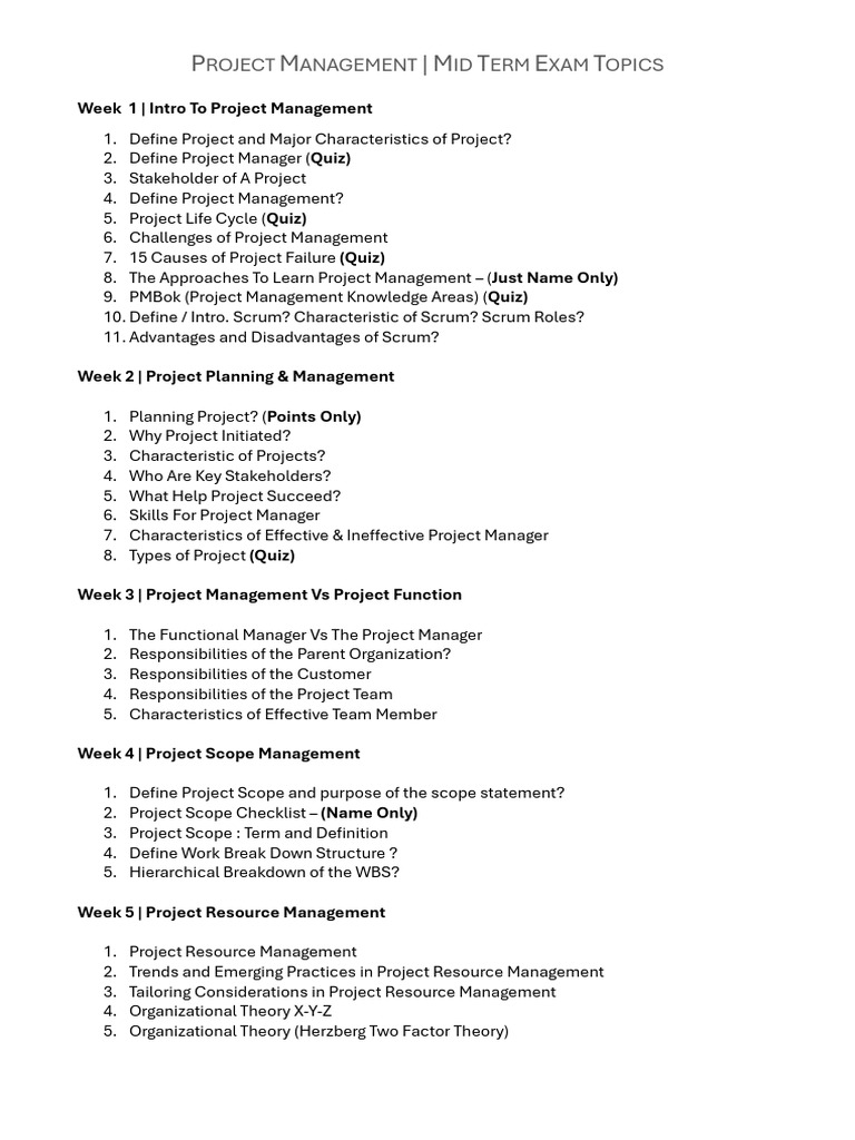 Project Management Midterm Exam Topics | PDF | Career & Growth | Business