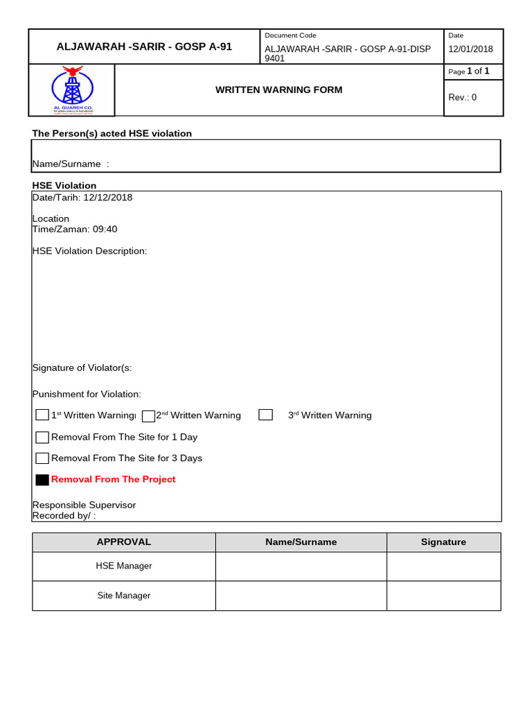 ALJAWARAH -SARIR - GOSP A-91-DISP 9403-Written Warning Form | PDF