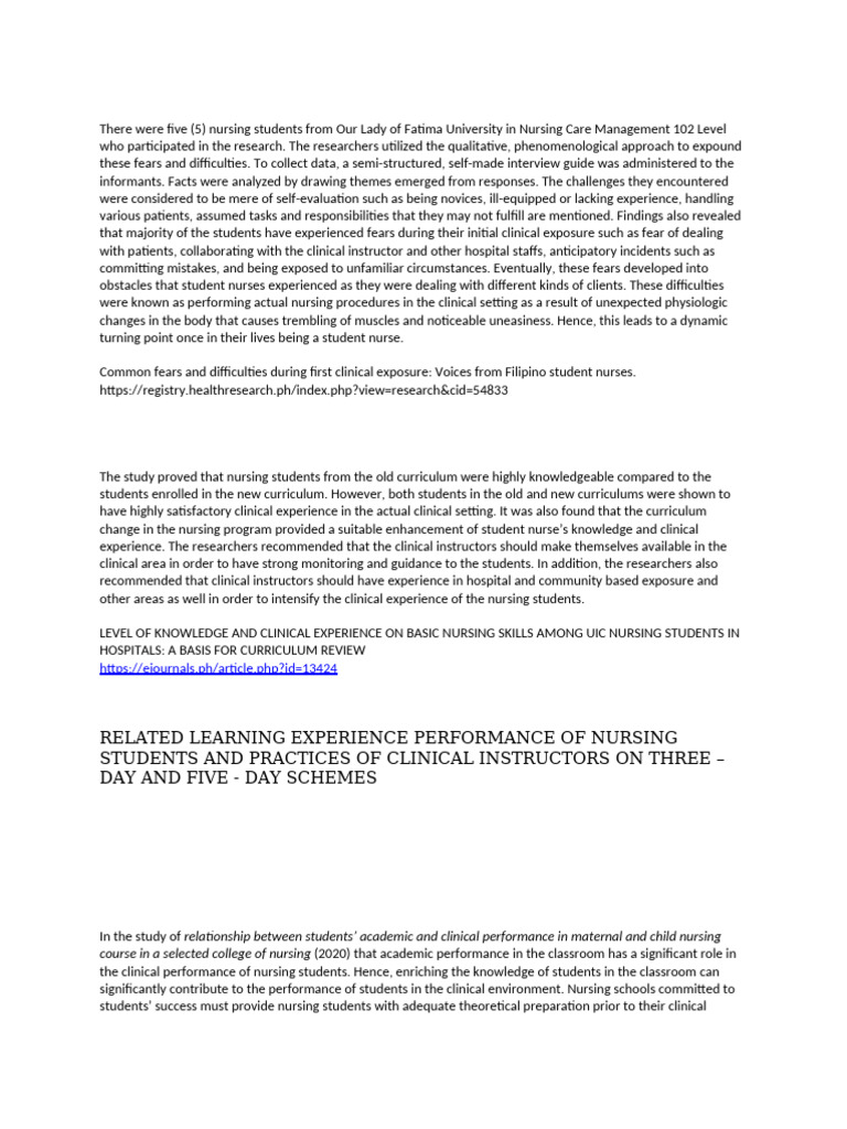 Related Learning Experience Performance of Nursing Students and Practices of Clinical ...