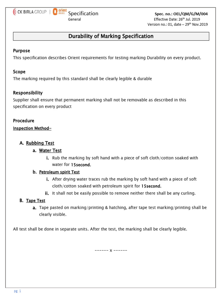 4.specification - Durability of Marking | PDF
