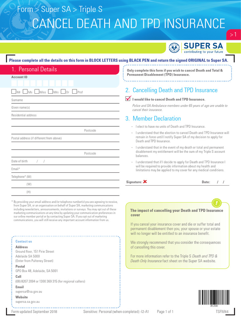 Cancel Death and TPD Insurance tfm44 | PDF