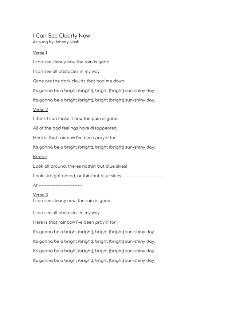 I Can See Clearly Now Lyrics | PDF