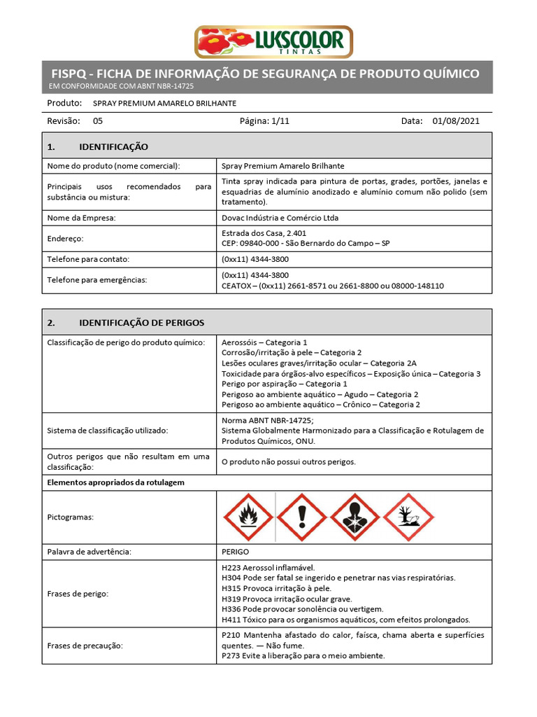 FISPQ Spray Premium Amarelo Brilhante | PDF | Combustão | Embalagem e ...