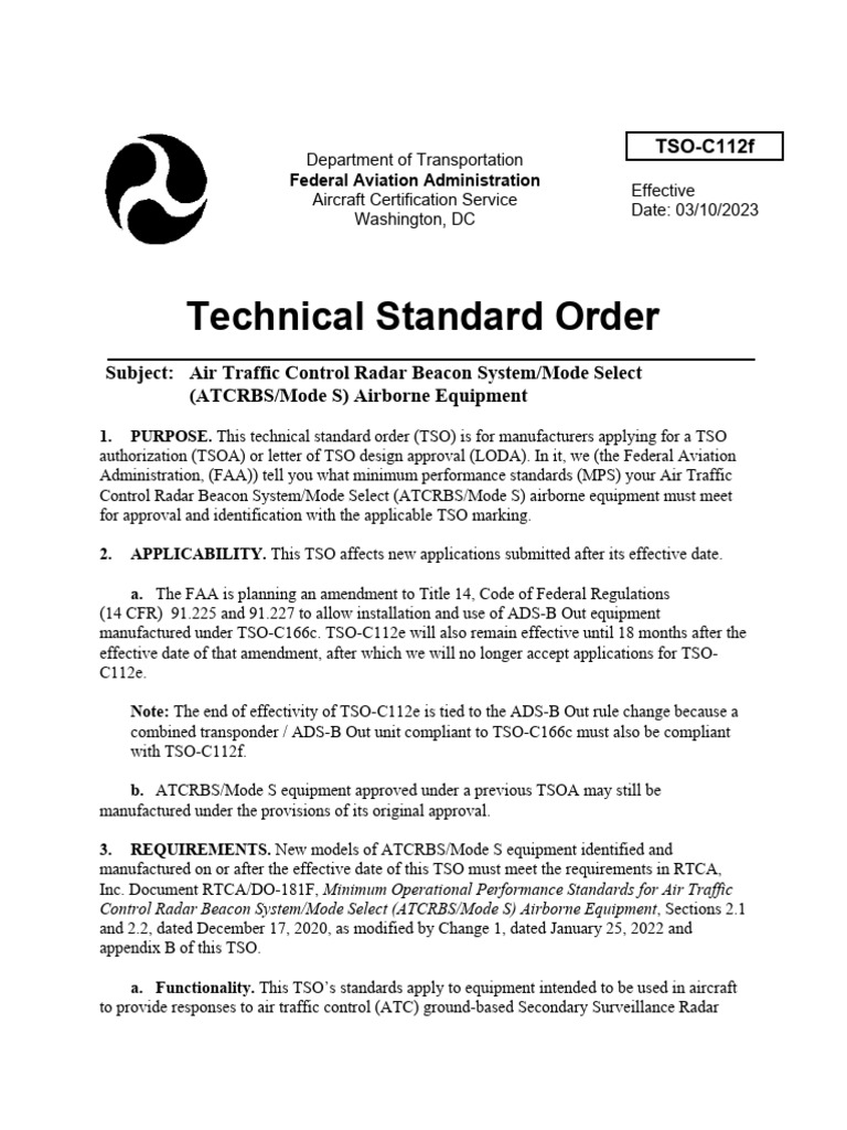 TSO-C112f: ATCRBS/Mode S Standards | PDF | Aviation | Aviation Safety