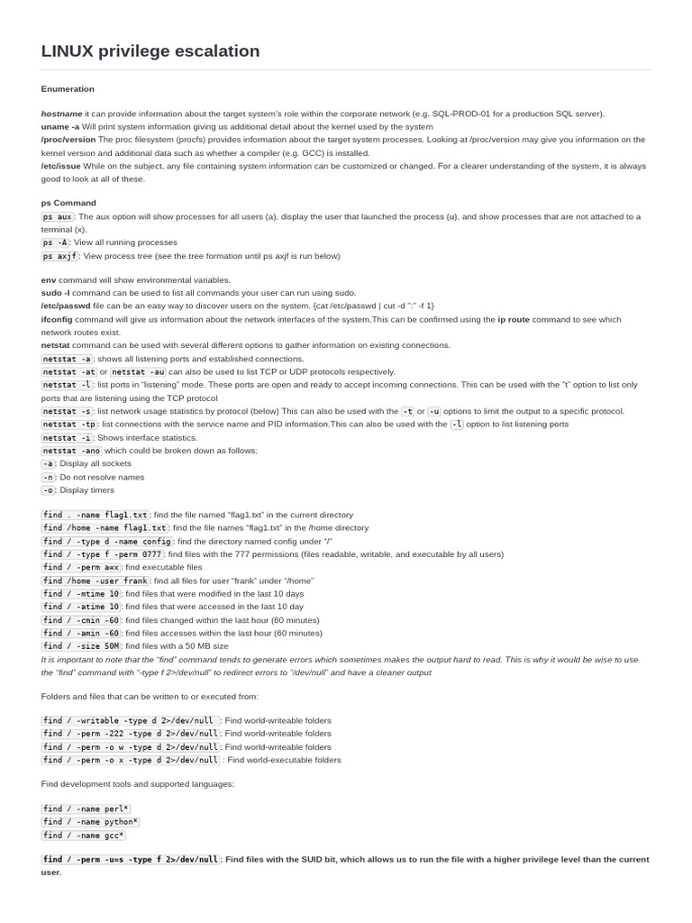 LINUX Privilege Escalation | PDF | Superuser | Kernel (Operating System)