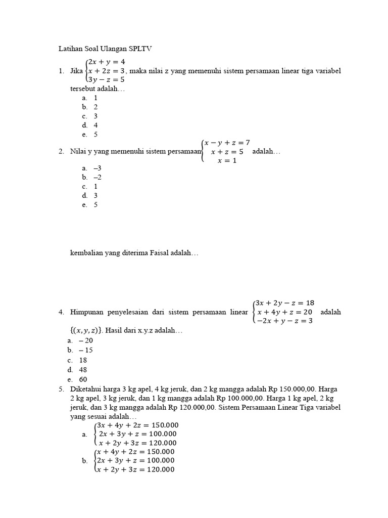 Latihan Soal Ulangan SPLTV | PDF