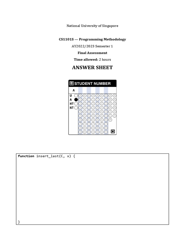 cs1101s 2223s1 Final Answer Sheet | PDF