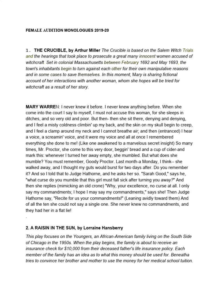 Female Audition Monologues | PDF | Art | Poetry