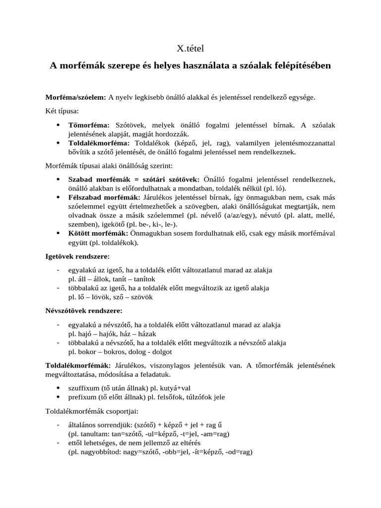 A Morfémák Szerepe És Helyes Használata A Szóalak Felépítésében | PDF