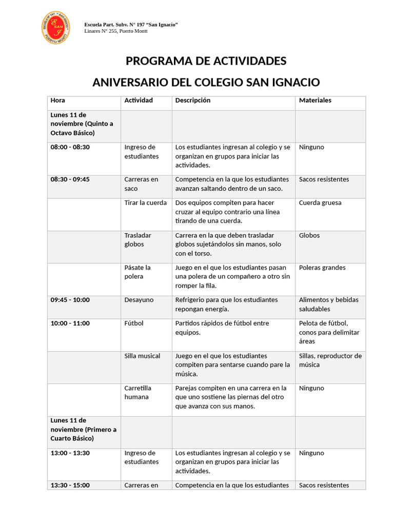 Programa de Actividades - Aniversario | PDF