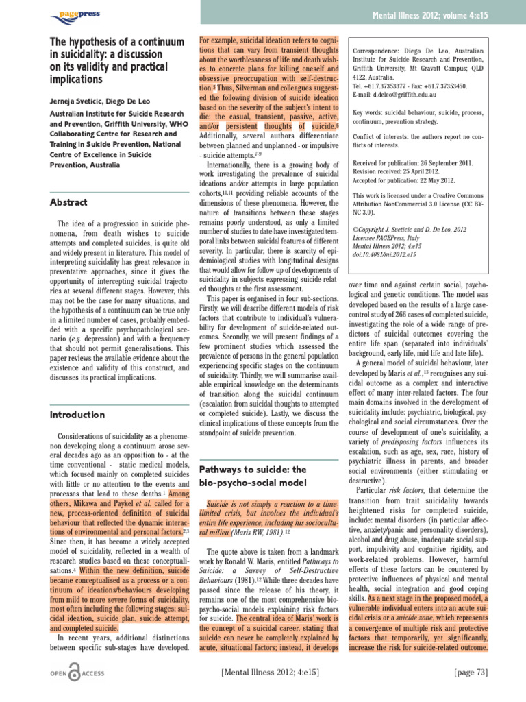 The Hypothesis of A Continuum | PDF | Suicide | Mental Disorder