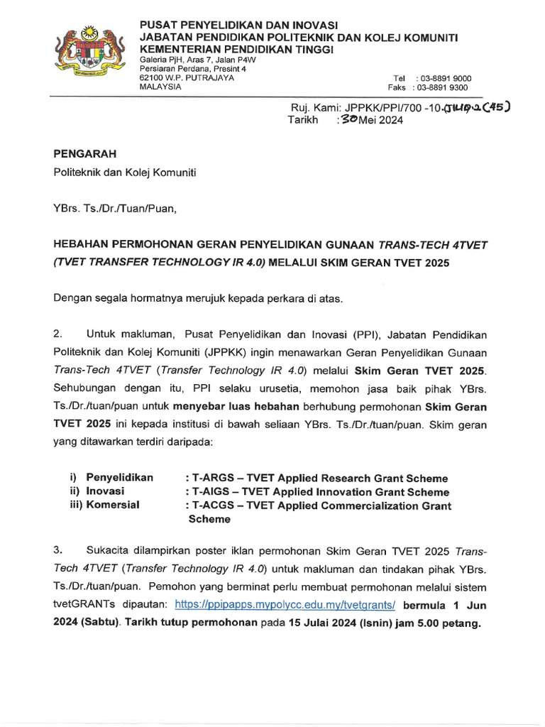 Surat Hebahan Permohonan Geran Penyelidikan Gunaan Trans Tech 4tvet | PDF
