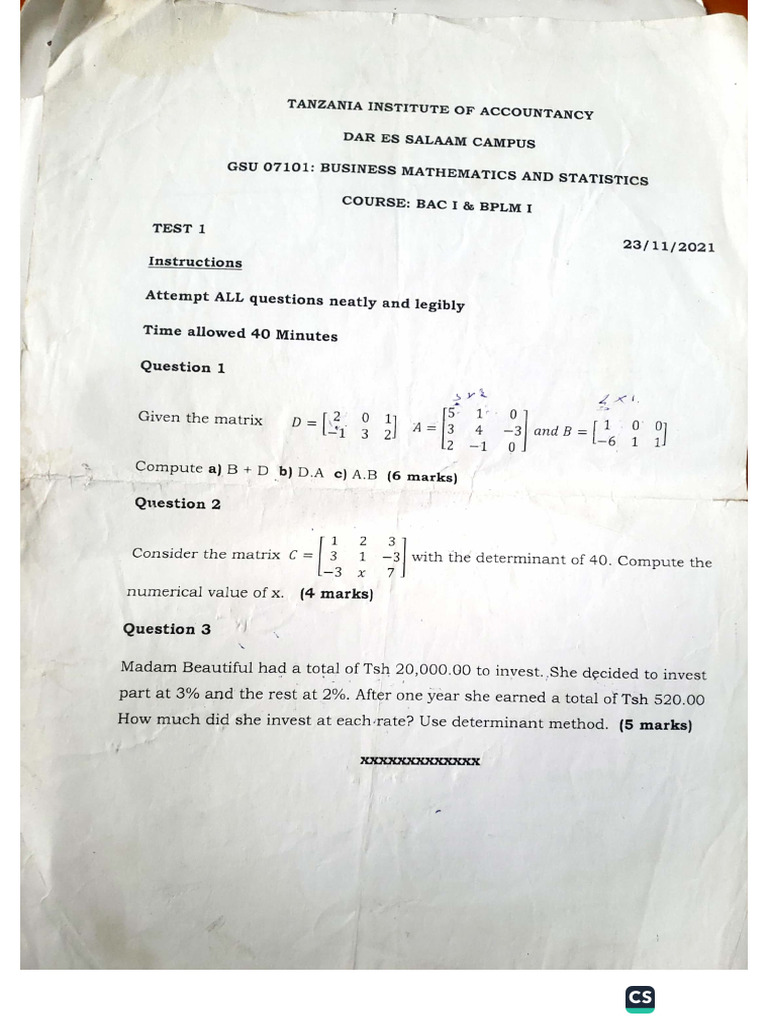 Past Paper Bac 1 - Prepared by DR - Cpa - T Gervas Julius | PDF