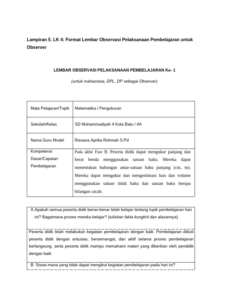 Lampiran 5. LK 4 Format Lembar Observasi Pelaksanaan Pembelajaran Untuk Observer | PDF