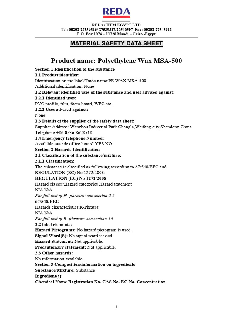 MSDS PE WAX MSA-500 | PDF | Firefighting | Water