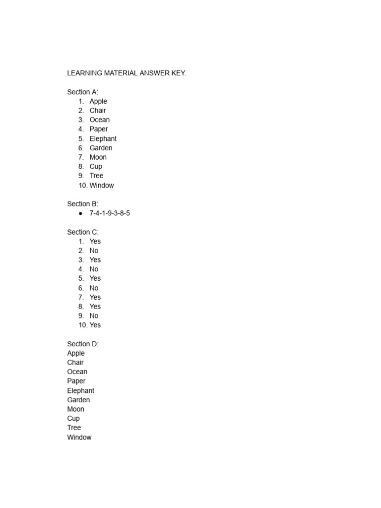 Learning Material Answer Key & Scores | PDF