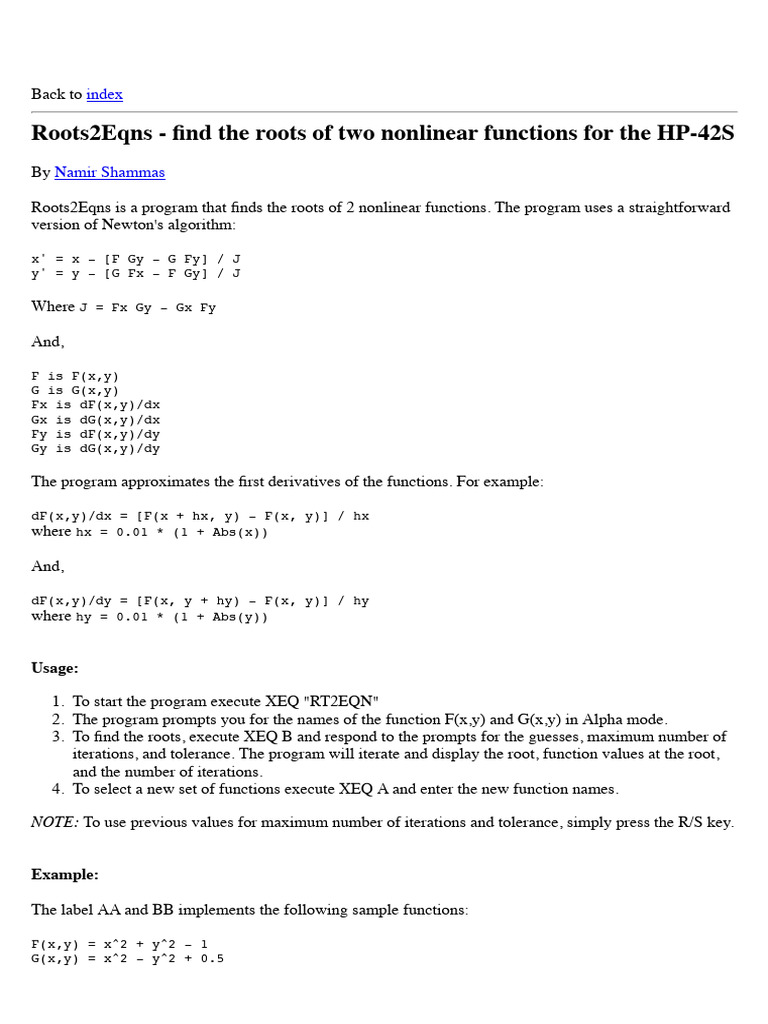 Roots2Eqns - Find The Roots of Two Nonlinear Functions For The HP-42S ...