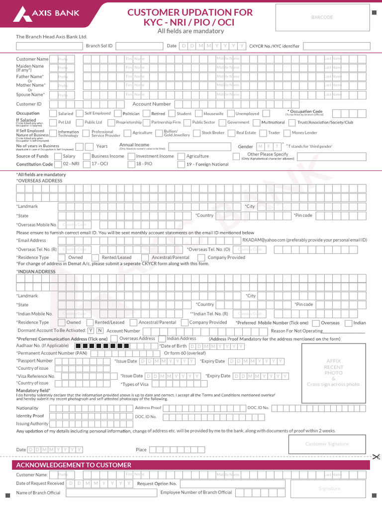 KYC Update Form for NRI/PIO/OCI Customers | PDF