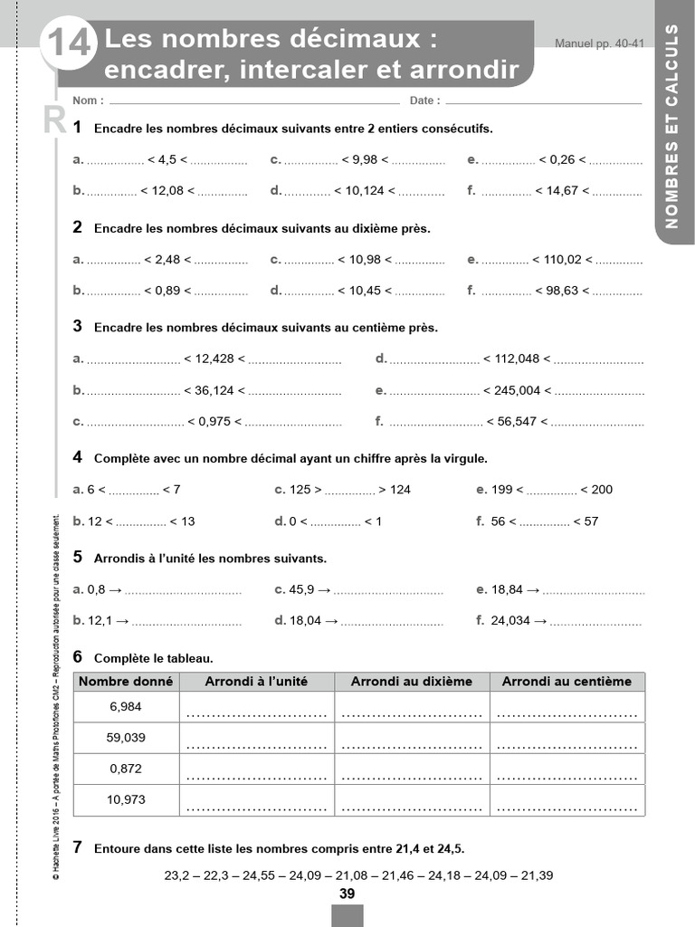 Encadrer et Arrondir les Nombres Décimaux | PDF
