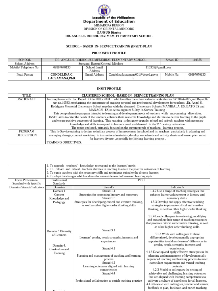 INSET Plan 2024-25 | PDF | Learning | Curriculum