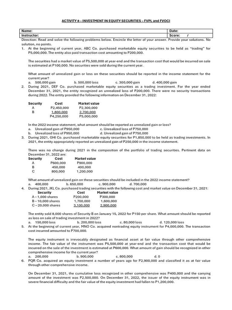 ACTIVITY 8 FAFVPL and FVOCI EQUITY SECURITIES | PDF | Fair Value | Equity (Finance)