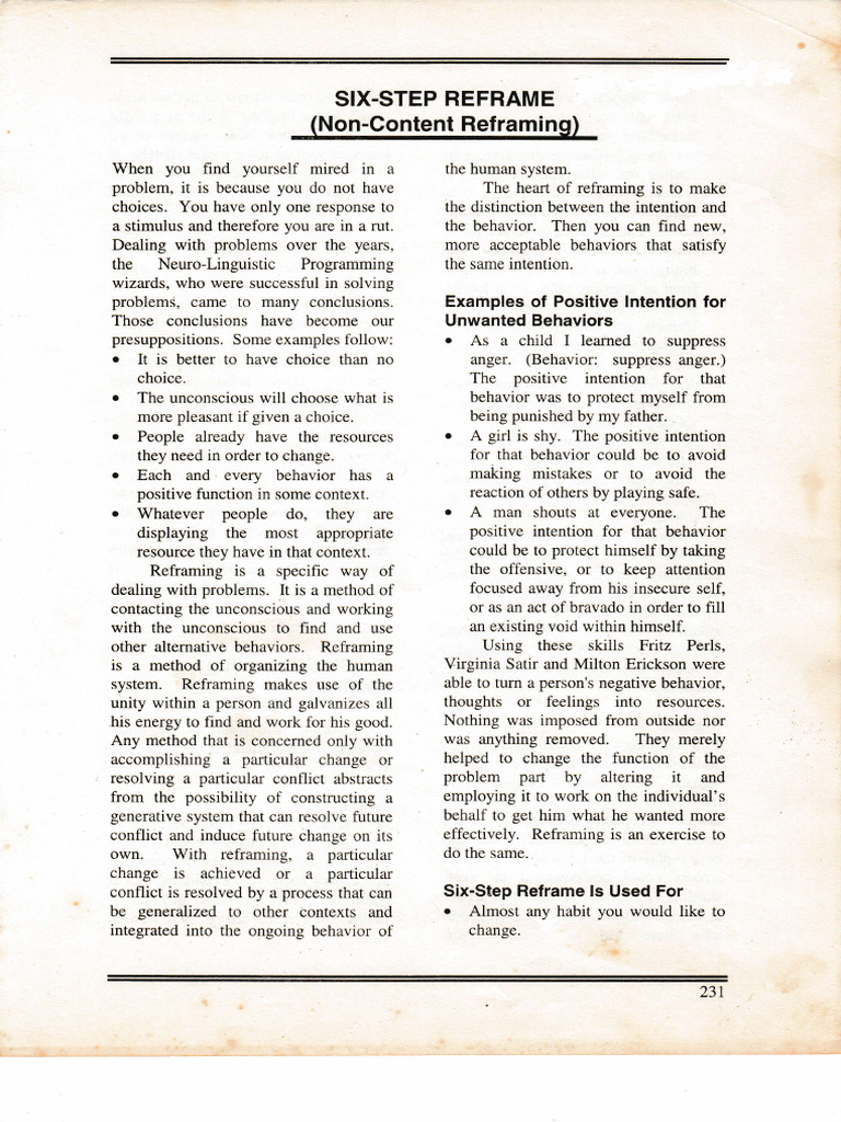 six step reframe | PDF | Intention | Behavior