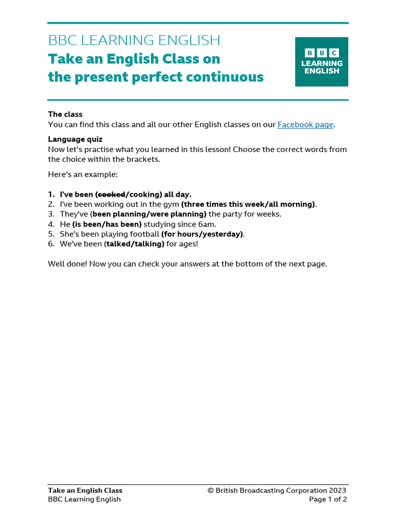 Present Perfect Continuous Class | PDF | Language Arts & Discipline