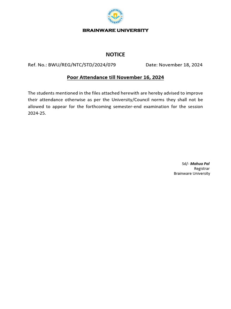 Attendance Warning for Exams 2024-25 | PDF