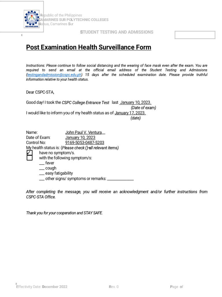 FORM C Post Examination Health Surveillance Form | PDF