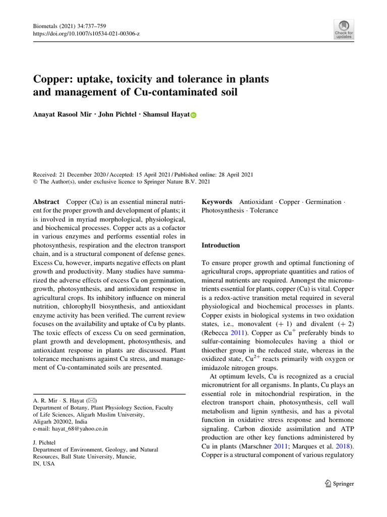 Copper Uptake, Toxicity and Tolerance in Plants and Management of ...