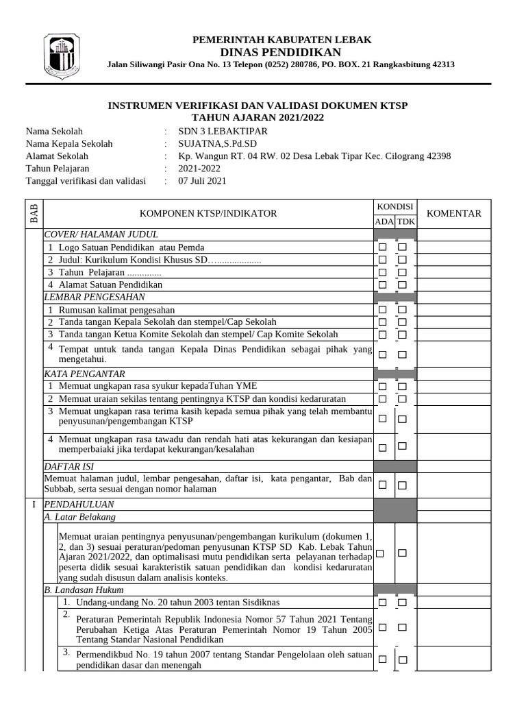Instrumen Verval KTSP SD 2021-2022 (Revisi) | PDF