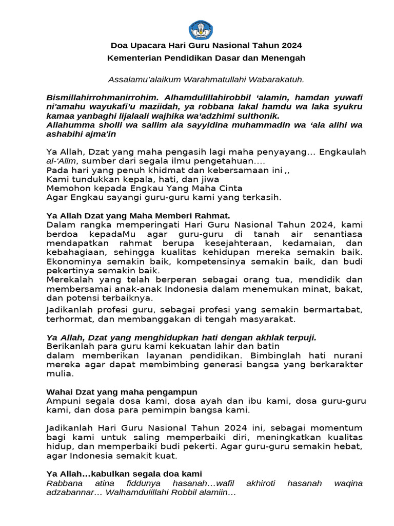 Doa Upacara Hari Guru Nasional 2024 | PDF