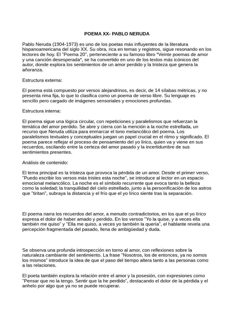 Poema 20 Pablo Neruda | PDF | Amor | Poesía