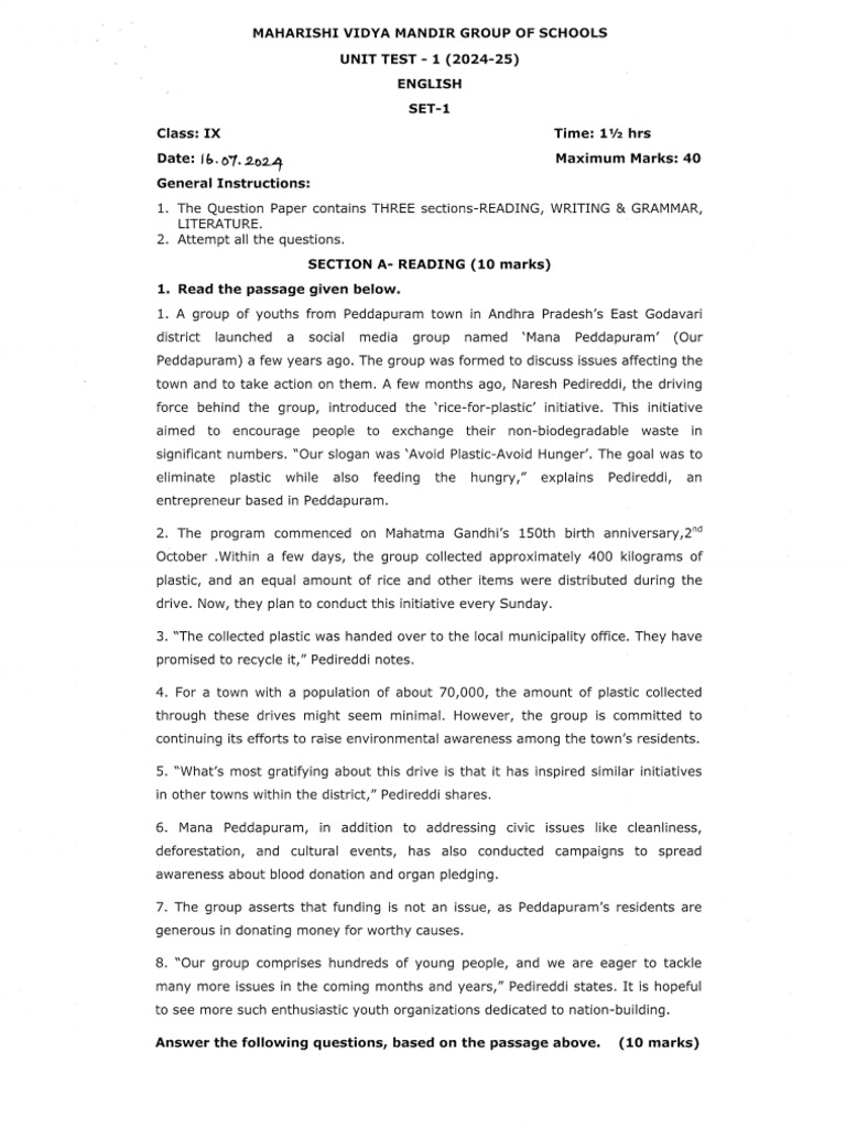 IX English QP 16.7.2024 | PDF