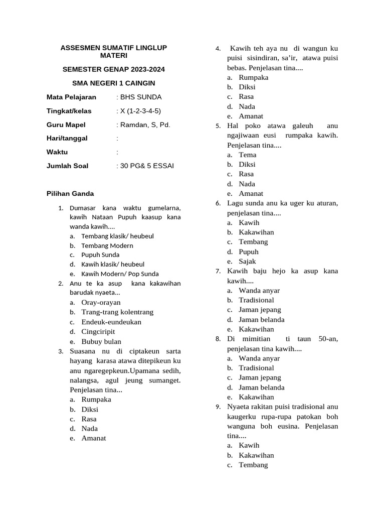 Soal Sunda x 1 2 3 4 5 ramdan PDF