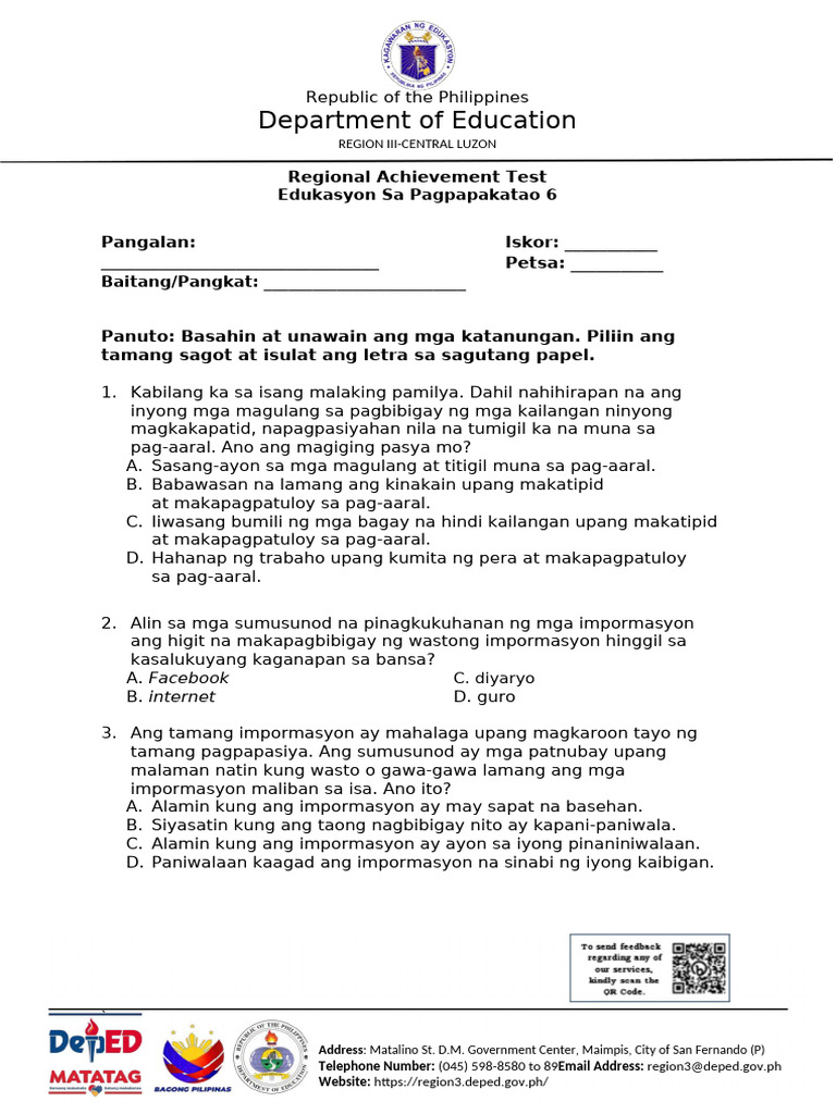 Regional Achievement Test in EsP 6 | PDF