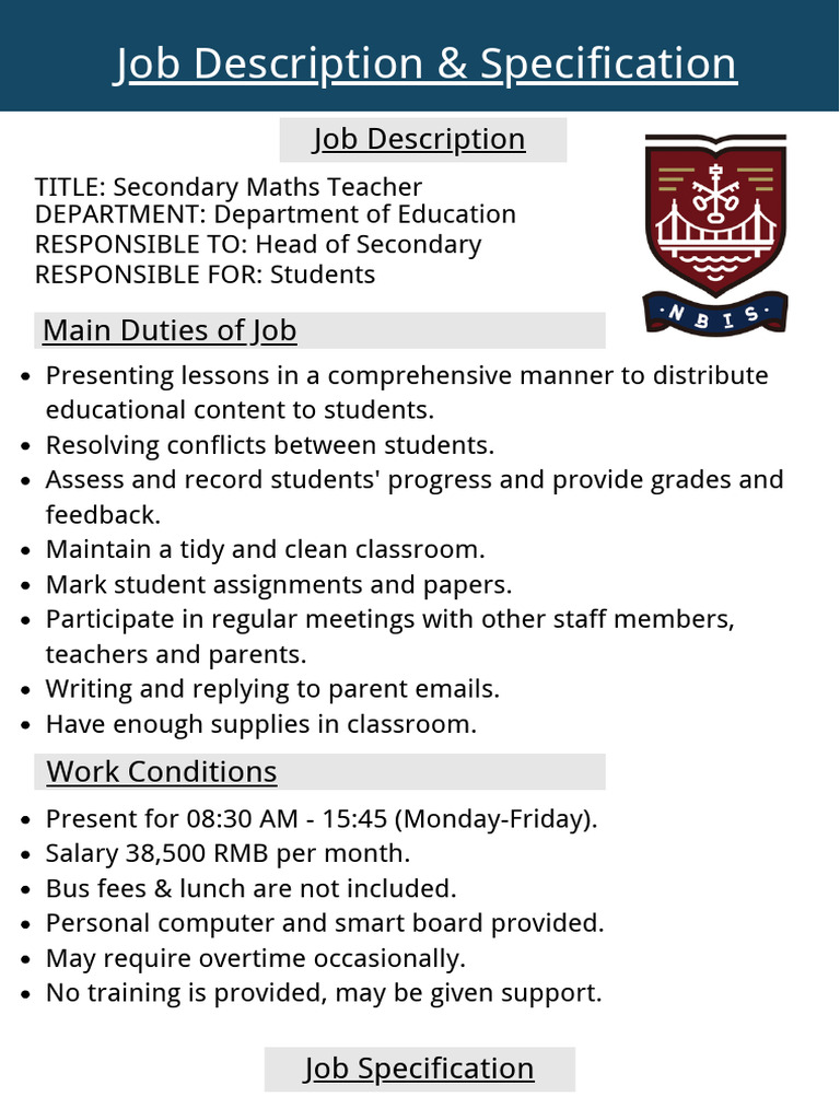 Job Description and Specification | PDF | Career & Growth | Teaching ...