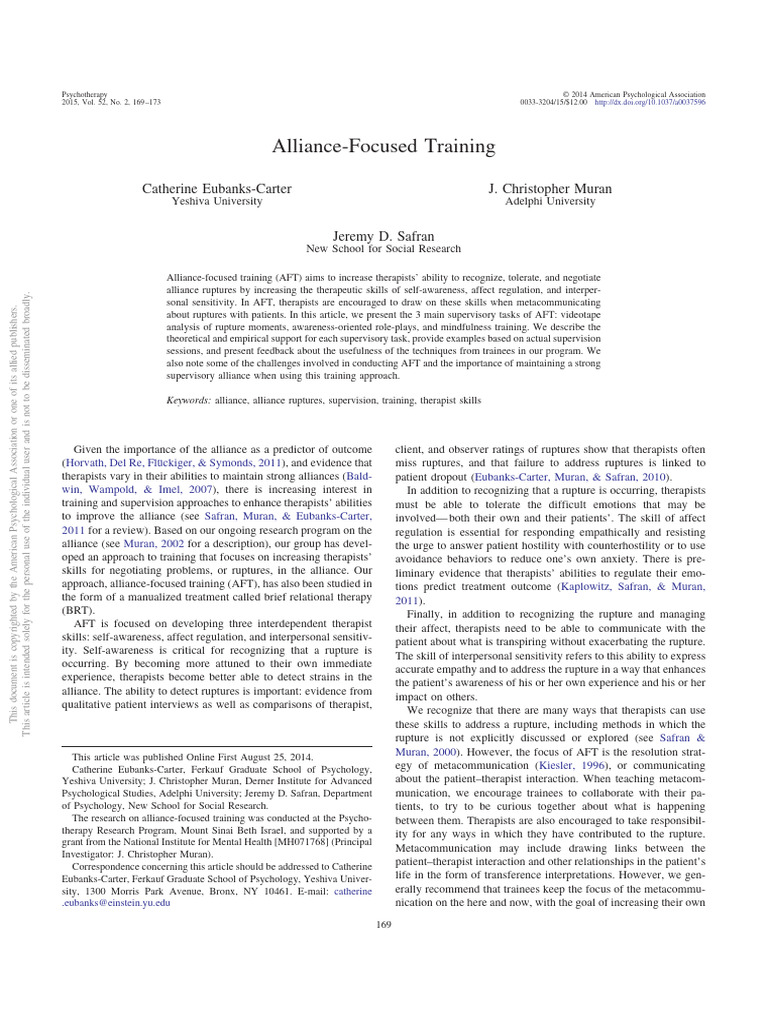 Alliance-Focused Training | PDF | Psychotherapy | Cognitive Behavioral ...