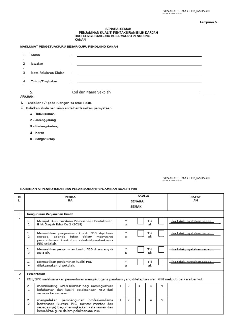 V2SLT Senarai Semak Penjaminan Kualiti PBD Lampiran A | PDF
