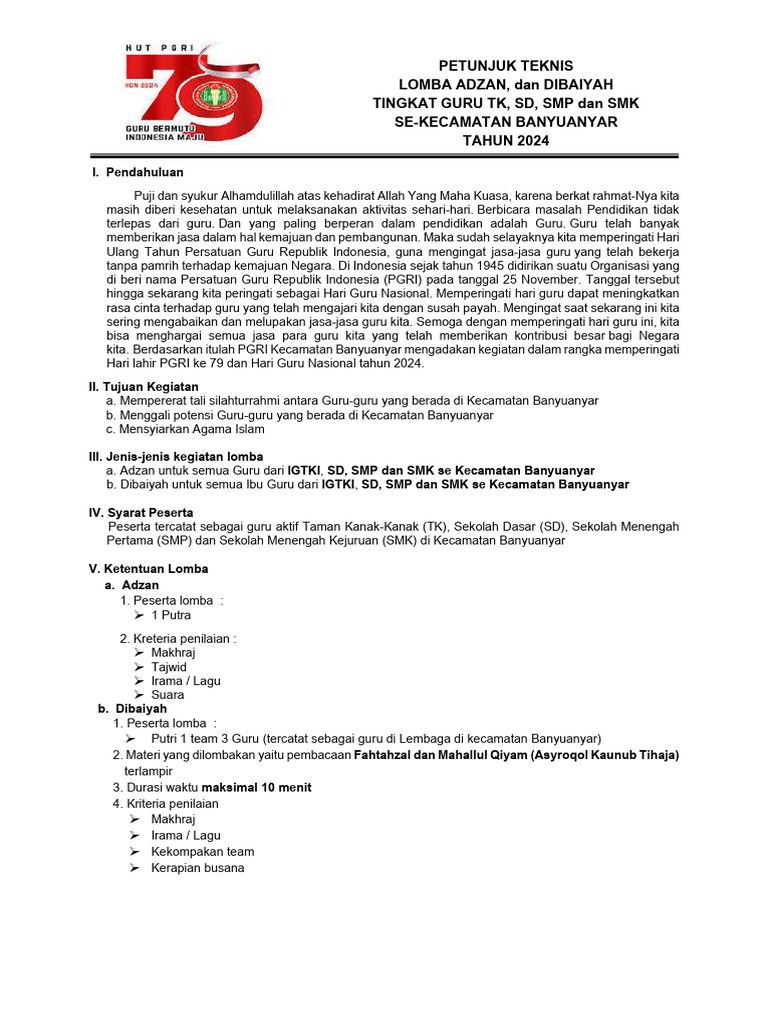 Juknis Lomba Keagamaan HUT PGRI 79 | PDF