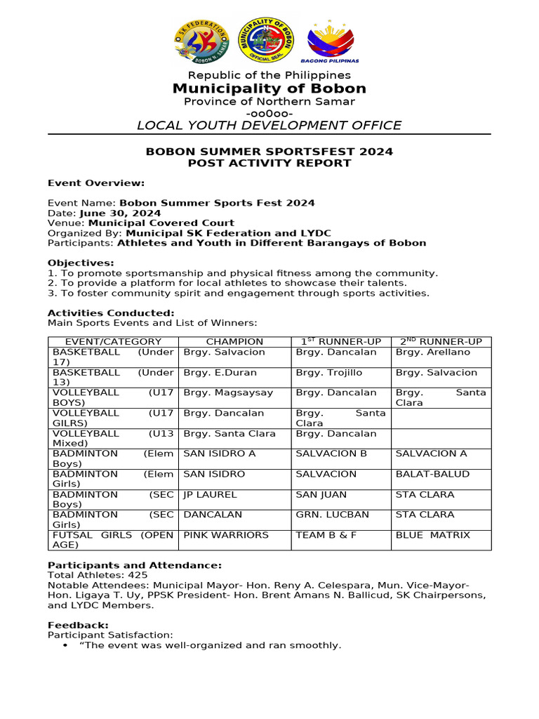 Bobon Summer Sports Fest 2024 Report | PDF | Sports