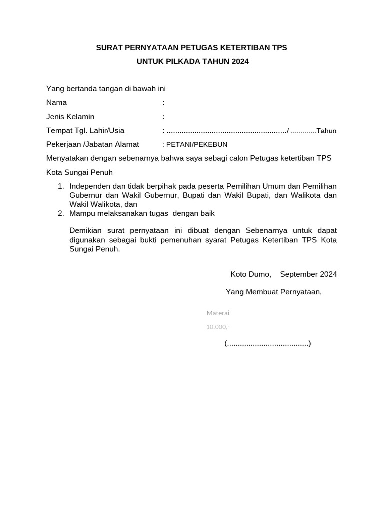 Surat Pernyataan Petugas Ketertiban TPS | PDF | Bisnis | Hukum