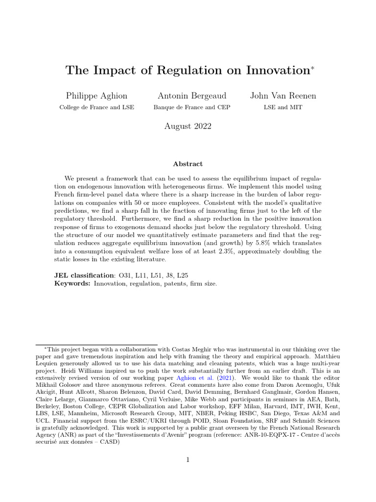 Notes: Aghion The Impact of Regulation On Innovations | PDF | Labour ...