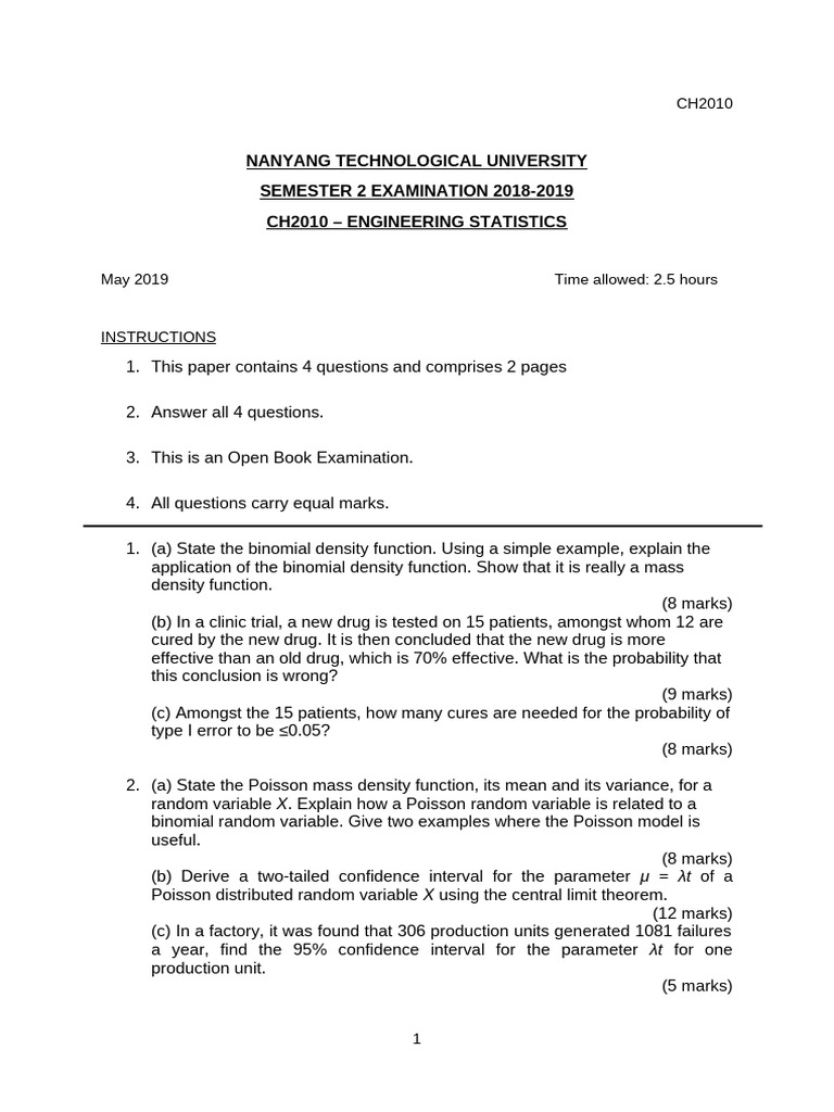 CH2010 Engineering Statistics Questions AY2018-2019 | PDF | Poisson Distribution | Teaching ...