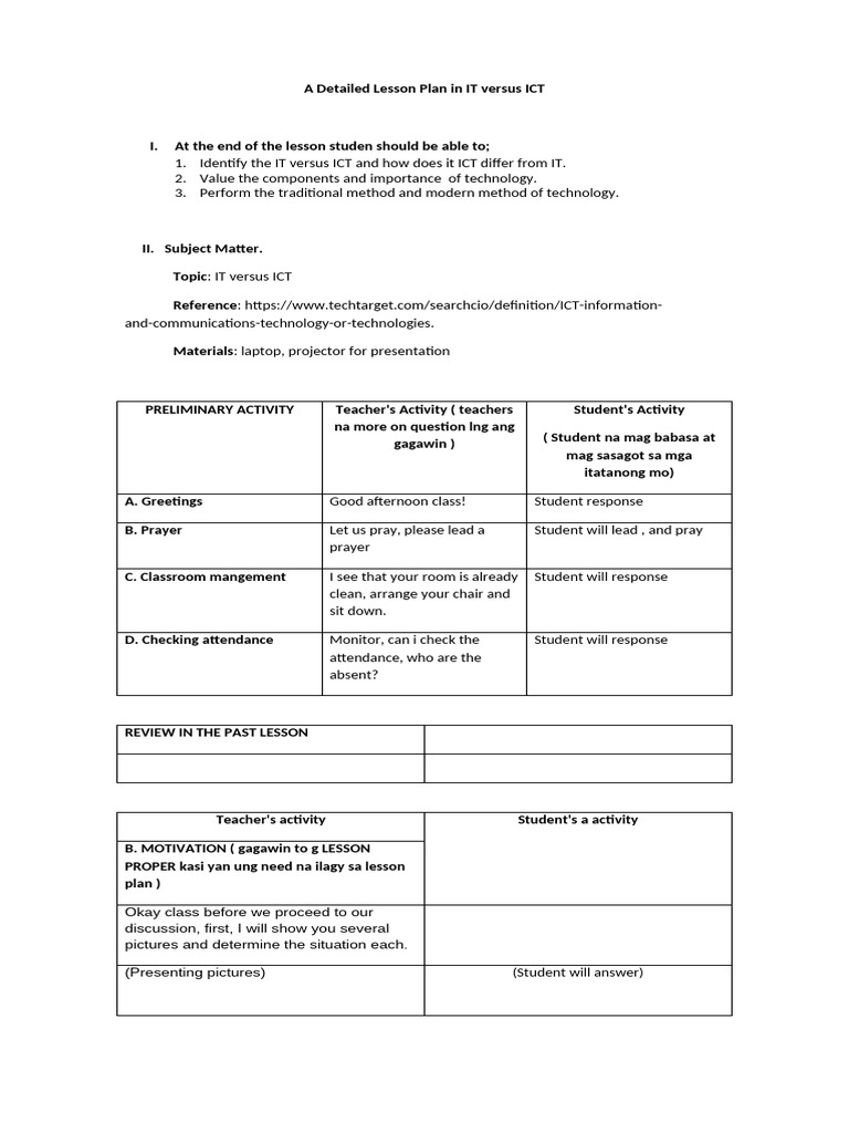 IT vs ICT: Lesson Plan Overview | PDF | Computer Network | Computer Hardware