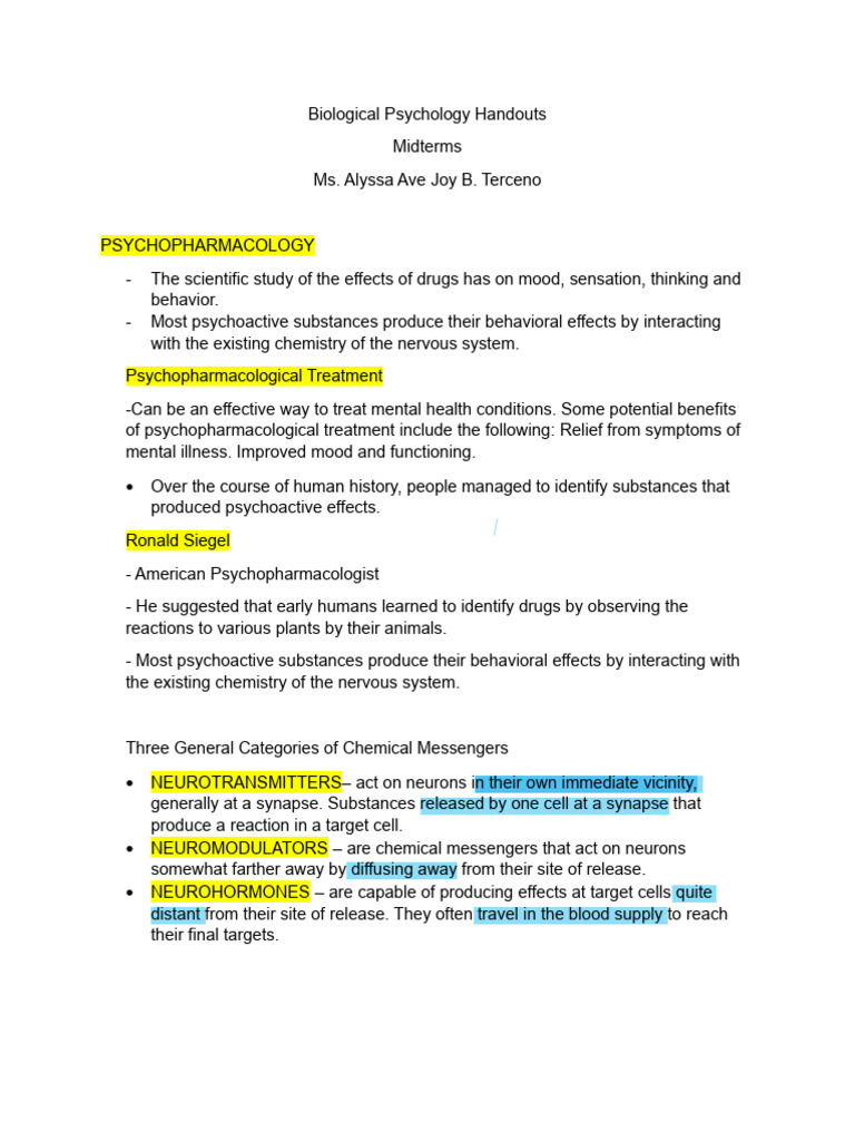 Biological Psychology Handouts Midterms | PDF | Neurotransmitter ...